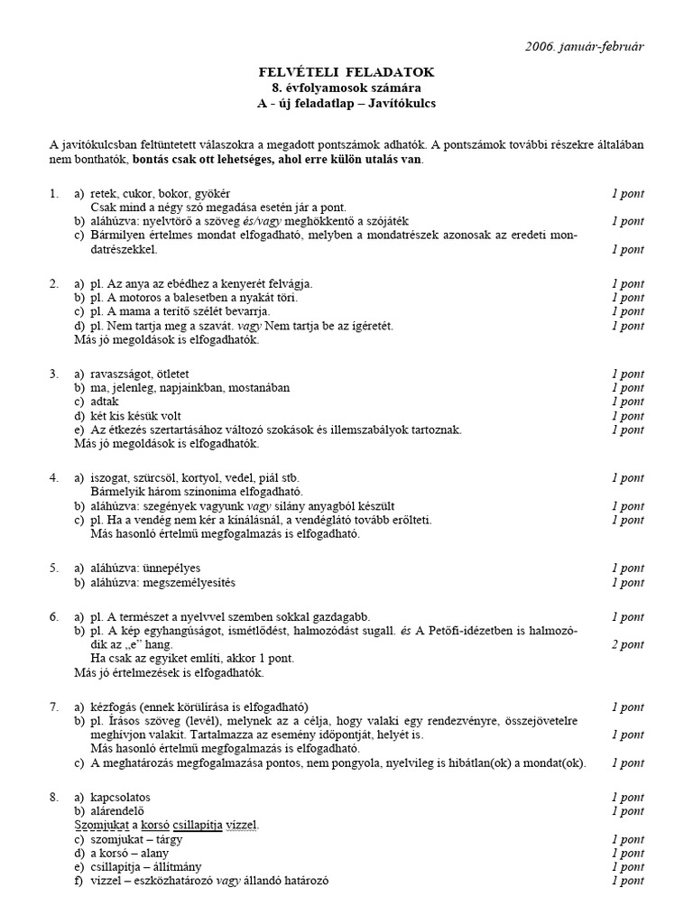 FELVÉTELI FELADATOK 8. Évfolyamosok Számára A - Új Feladatlap - Javítókulcs | PDF