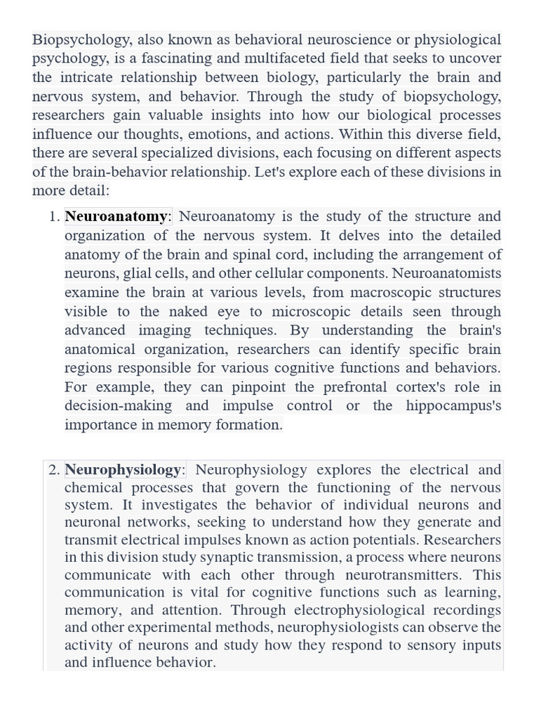 Understanding Biopsychology Divisions | PDF | Emotions | Brain