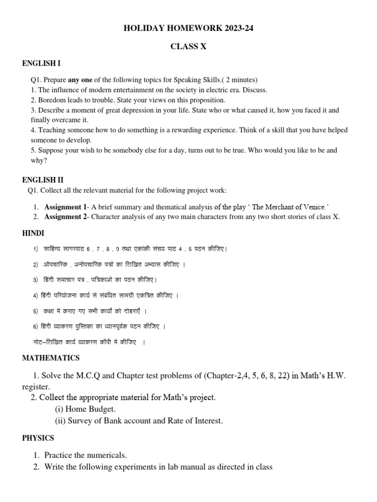 Class 10 Holiday Homework 2023-24 | PDF