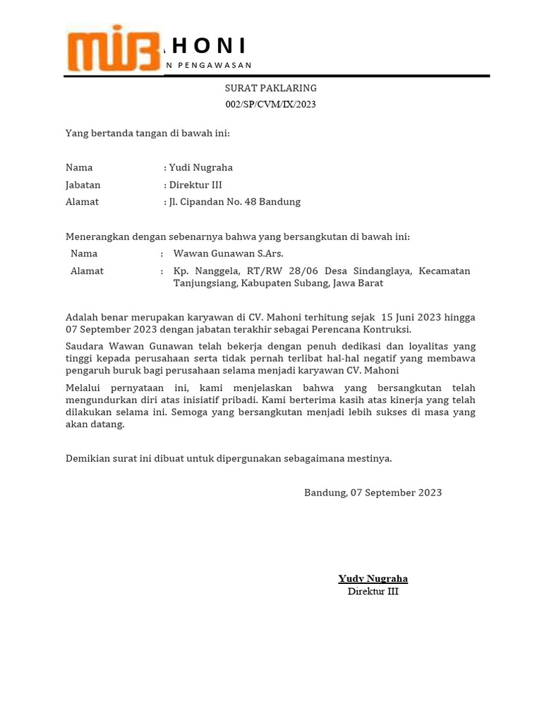 Contoh Surat Paklaring | PDF