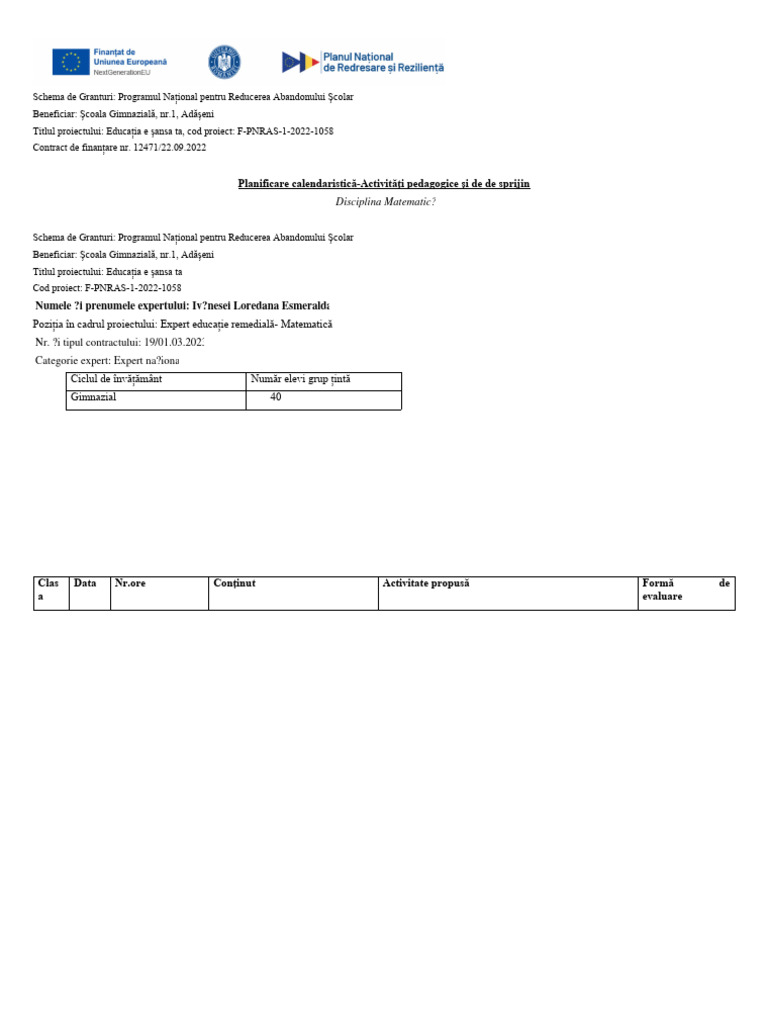 Planificare Calendaristica PNRAS Remediale | PDF