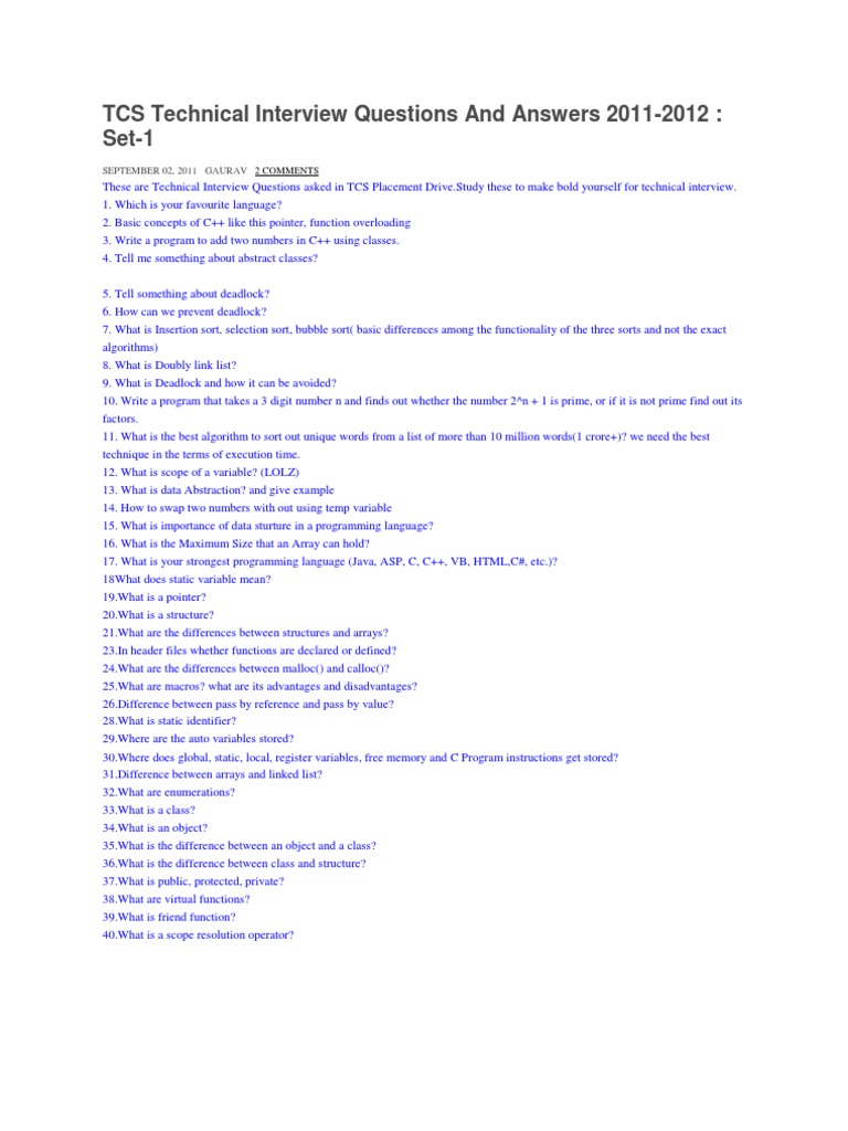 TCS Technical Interview Questions and Answers 2011 | PDF | C++ | Ferrari