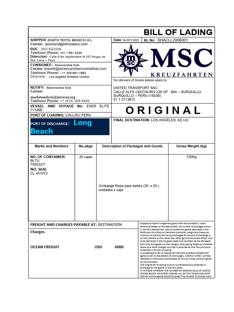 AA2 Portuaria BL | PDF | Bill Of Lading | Cargo