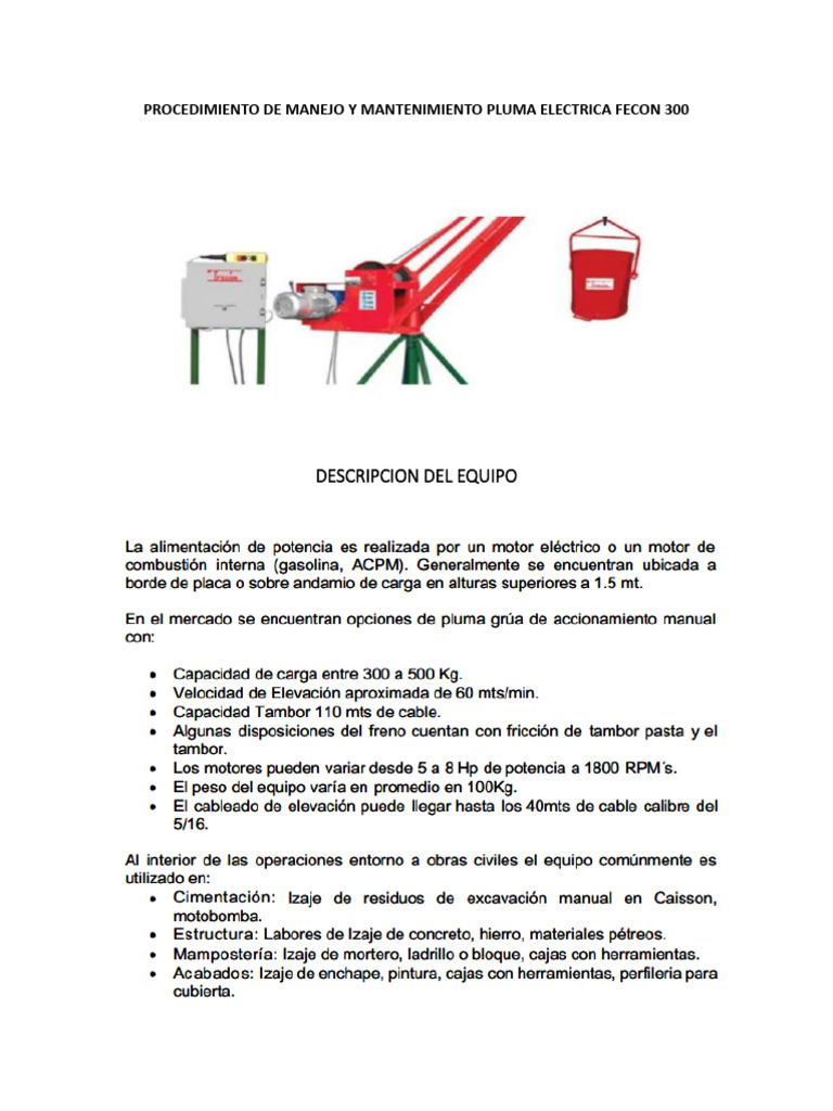 Procedimiento de Manejo y Mantenimiento Pluma Electrica Fecon 300 | PDF ...