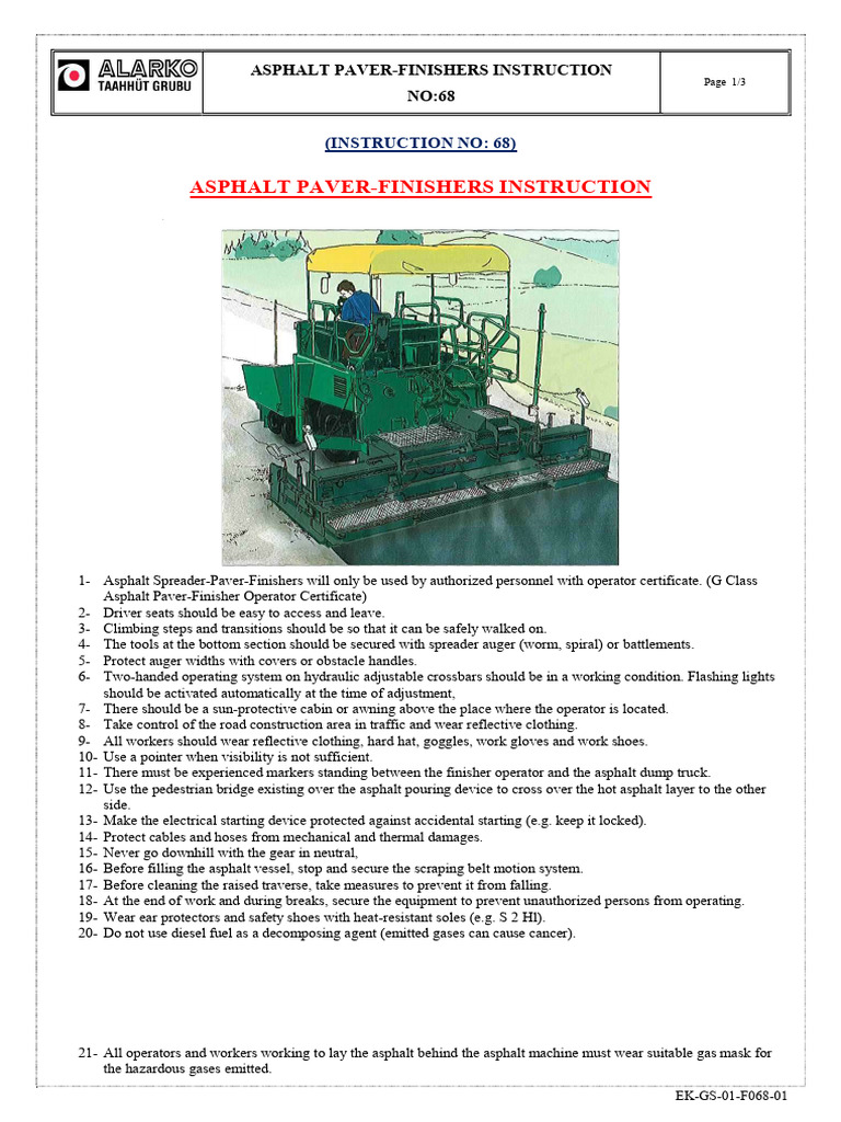 Asphalt Paver Safety Instructions | PDF | Fires | Safety