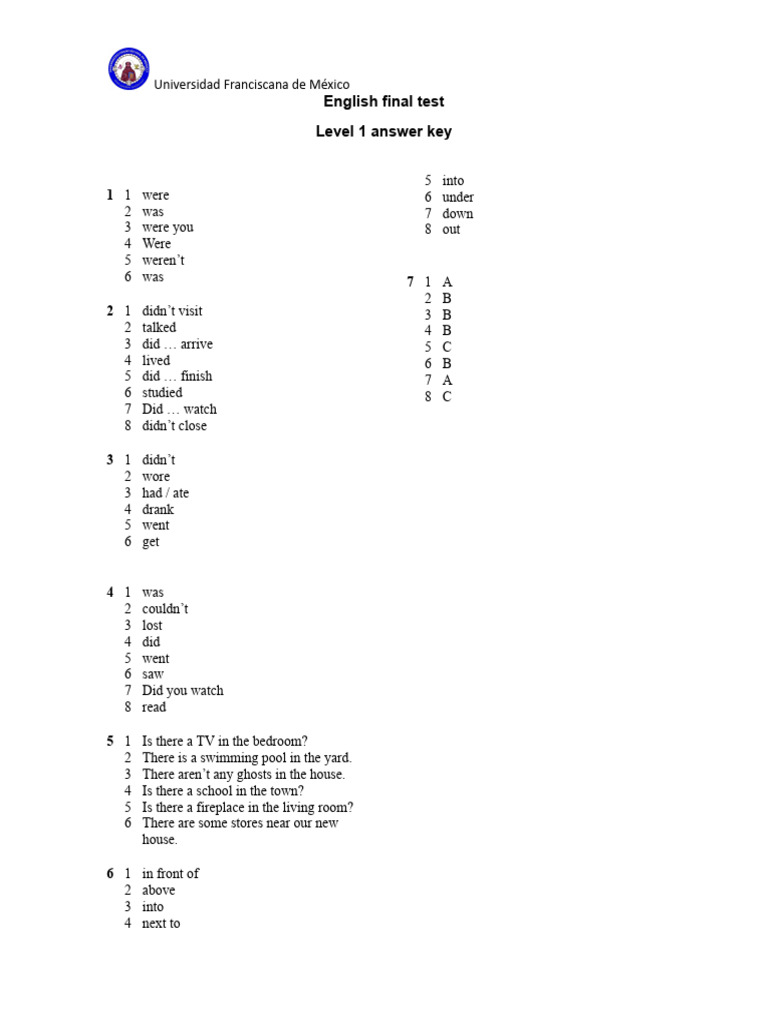 Level 1 English Final Exam Answers | PDF