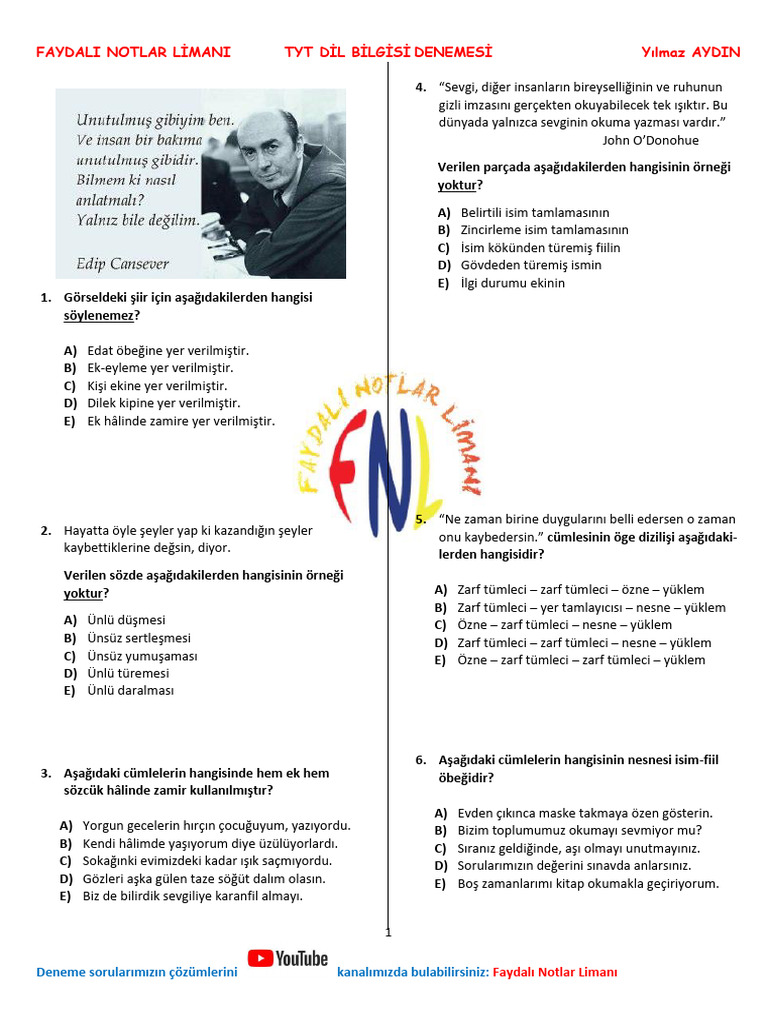 12.sinif Turkce Tyt Denemesi Test Sorulari Ve Cevaplari | PDF