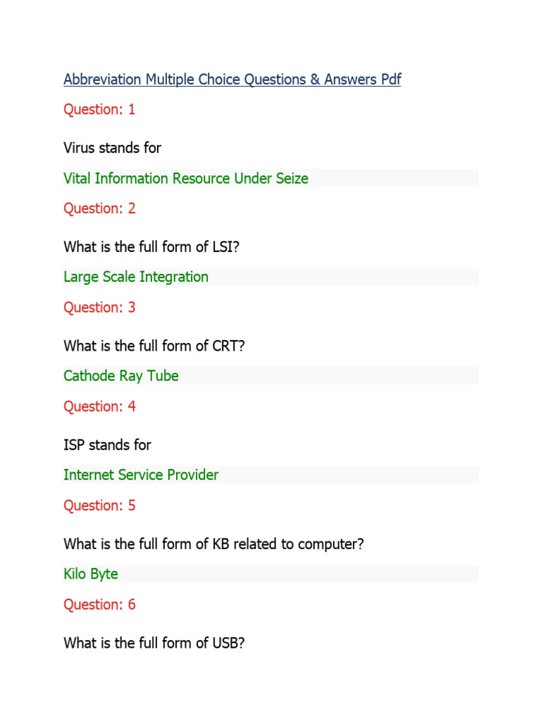 Abbreviation Multiple Choice Questions Answers | PDF | Computers | Technology & Engineering