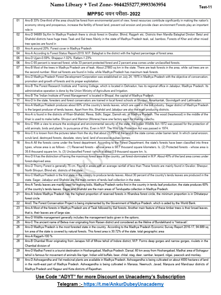 Answer Sheet Test-11 (MPPSC, English) | PDF