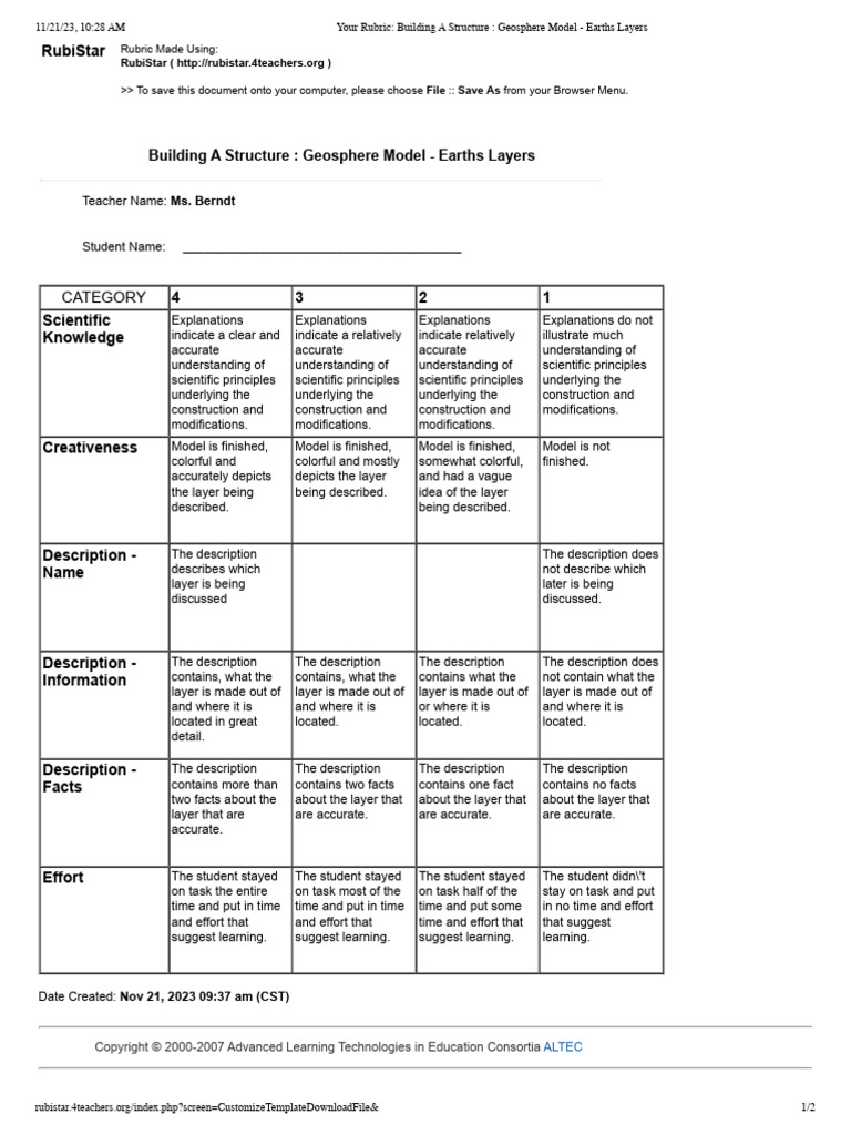 Geosphere Model Rubric | PDF | Intelligence | Cognitive Science