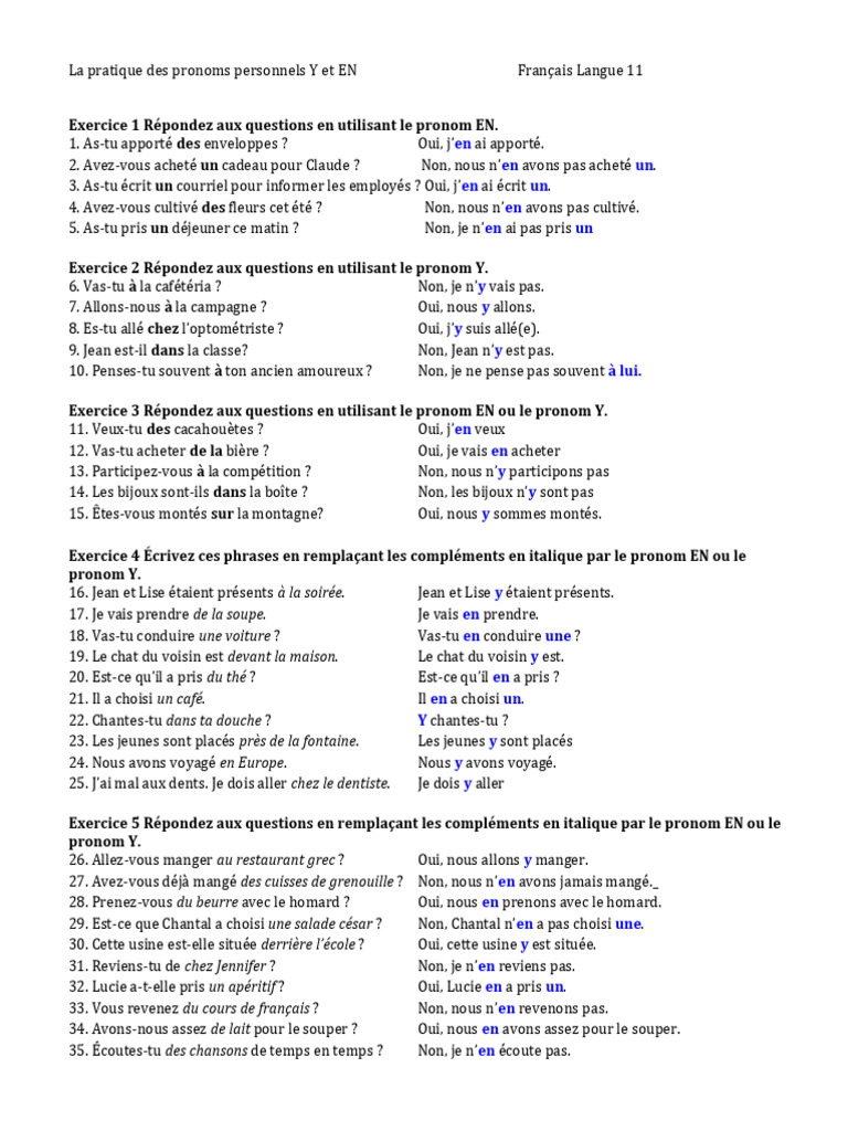 Pratique 2 Des Pronoms Personnels y Et en Français Langue 11 | PDF ...