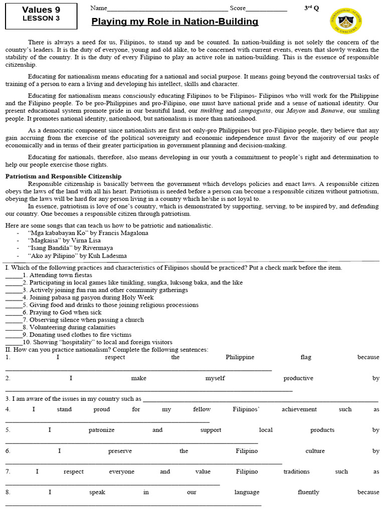 3rd Q.Lesson 2-Playing My Role in Nation-Building | PDF | Nationalism | Philippines