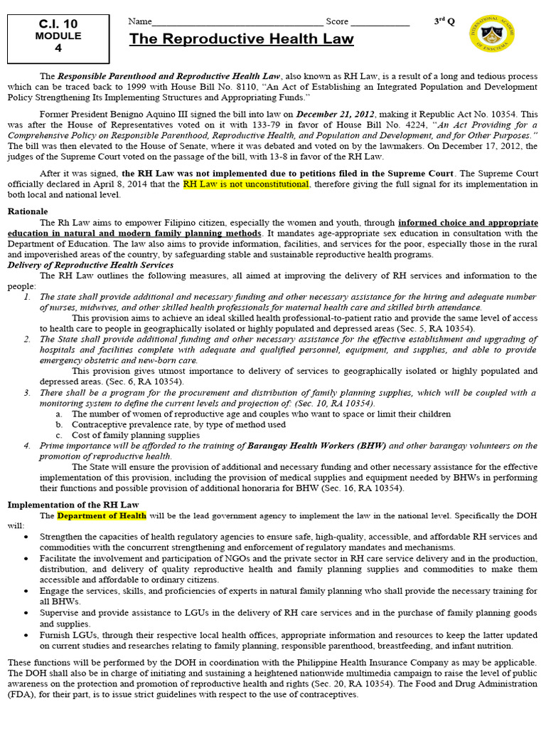 Module 4-The Reproductive Health Law | PDF | Family Planning | Childbirth