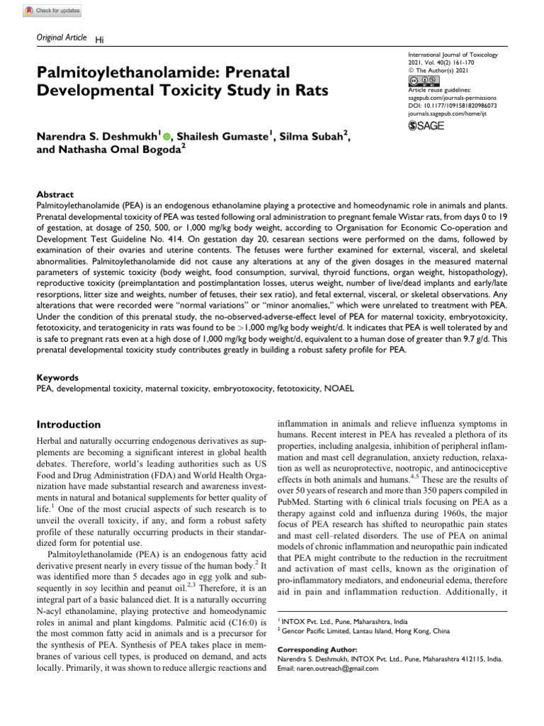 Deshmukh Et Al 2021 Palmitoylethanolamide Prenatal Developmental ...