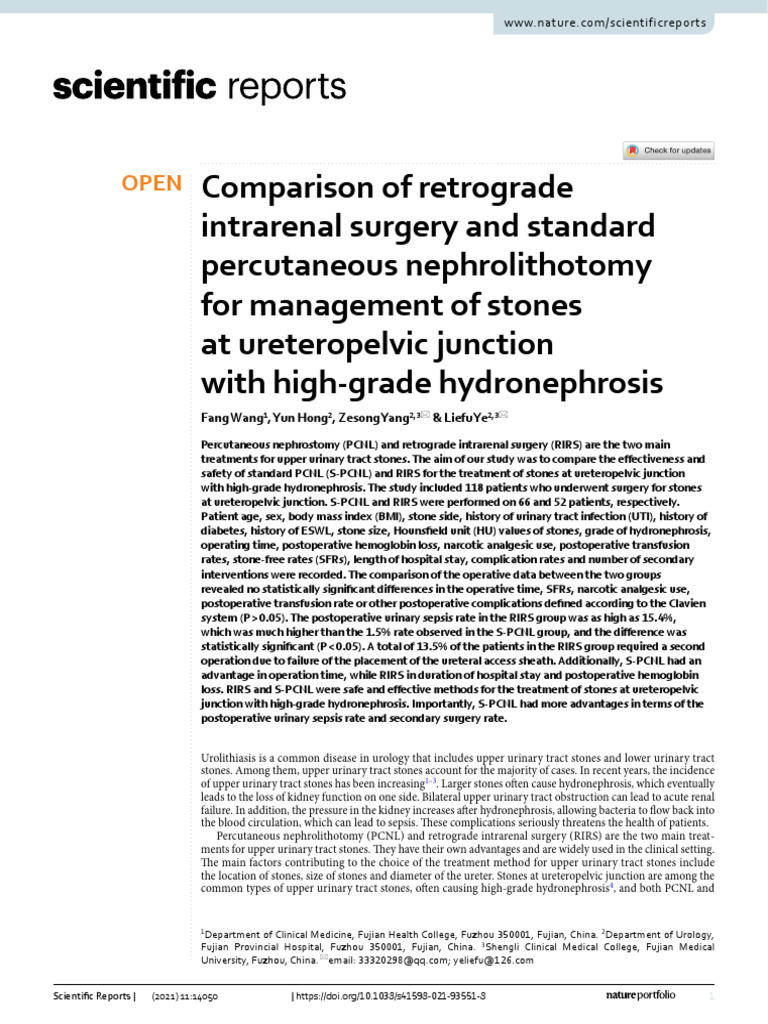 Comparison of Retrograde Intrarenal Surgery and Standard Percutaneous ...