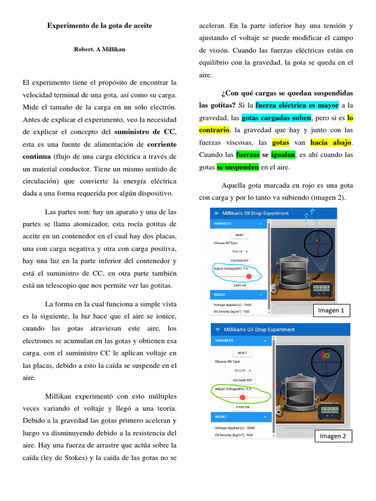 Experimento de Millikan | PDF | Corriente continua | voltaje