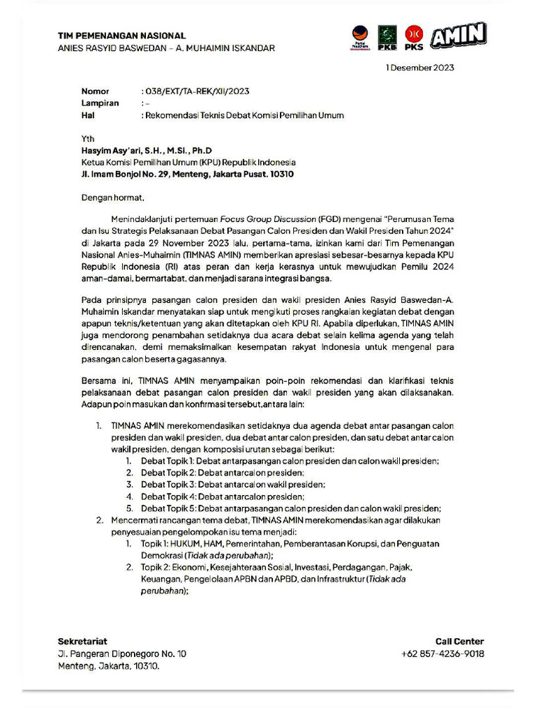 Surat Rekomendasi Timnas AMIN Teknis Debat Pemilu | PDF