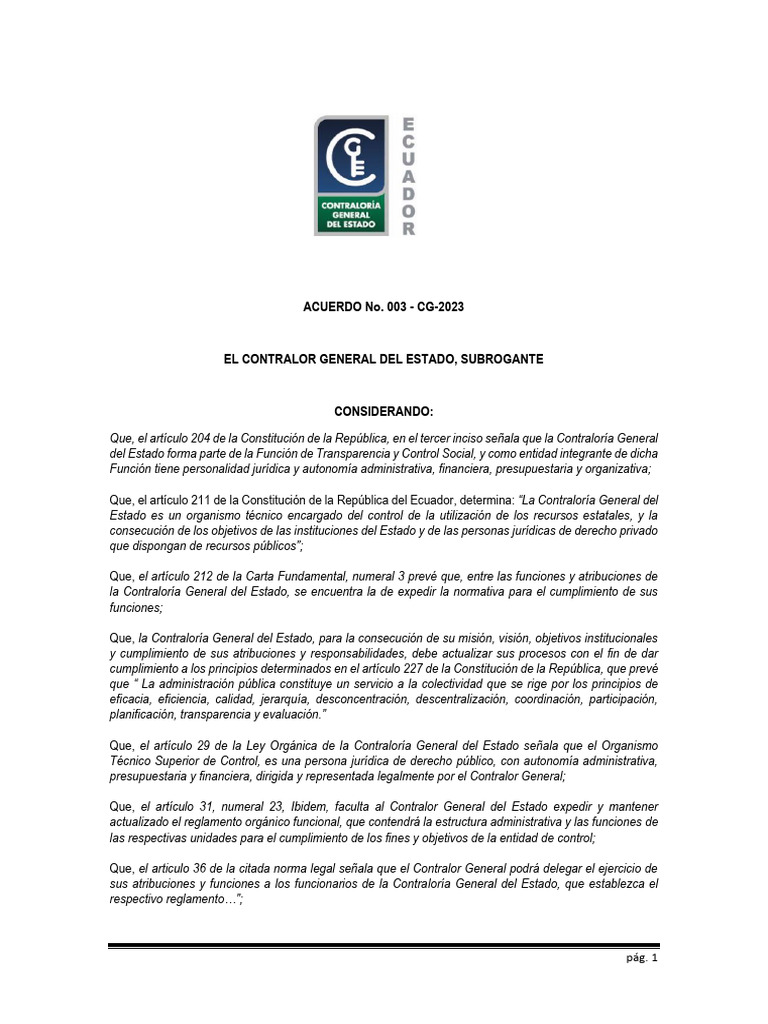 Acuerdo 003 - CG-2023 REFORMA ESTATUTO ORGANICO CGE-signed-signed | PDF | Auditoría | Planificación