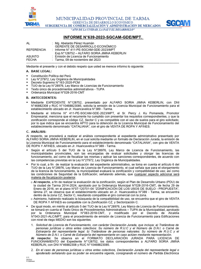 INFORME N°639 - Expediente N°128752 - Licencia de Funcionamiento ...