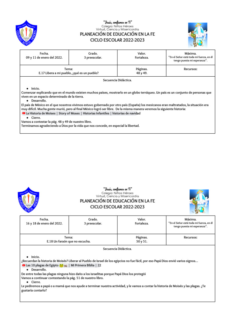 Planeaciones - Educación en La Fe. 3 Preescolar. | PDF | Moisés | Educación de la primera infancia