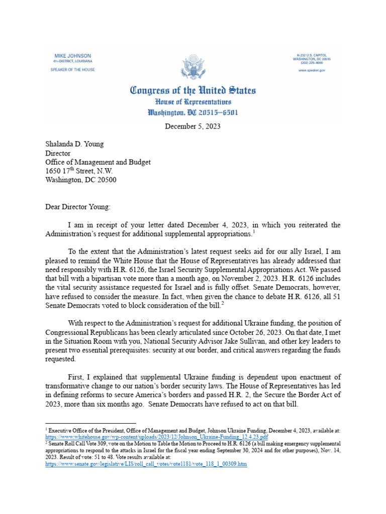 Speaker Johnson Letter To OMB Re Border Security | PDF | Illegal ...