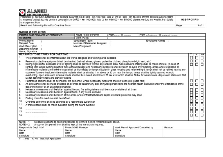 HSE-PR-05-F10 Permit and Follow Up Form For Overtime | PDF | Safety ...