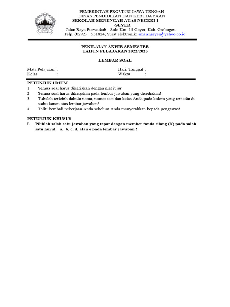 Template Soal Pas 22 | PDF