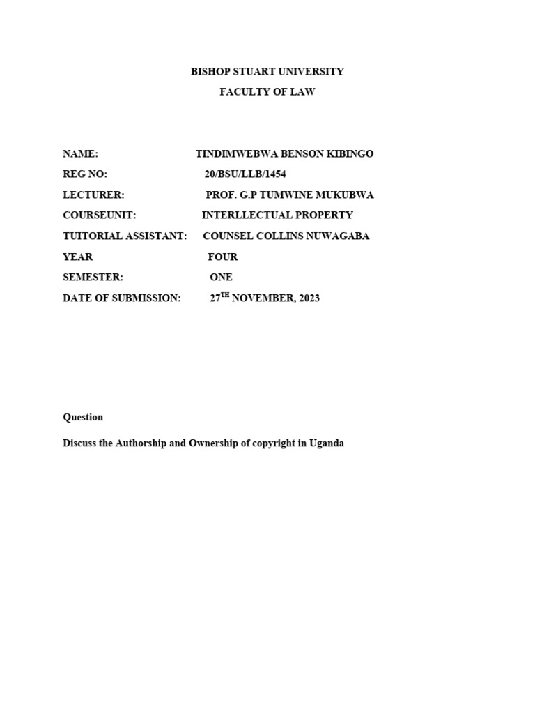 Ownership of Copyright and Authorship of Copyright by BENSON KIBINGO ...