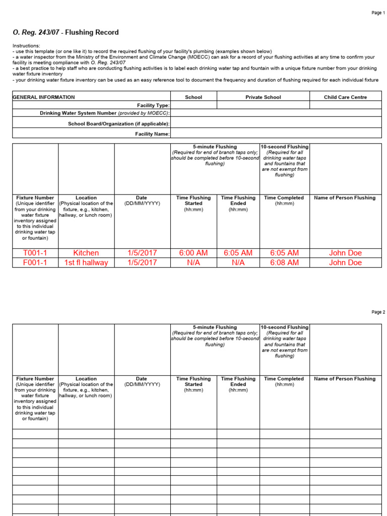 Flushing Record Template 2017 | PDF