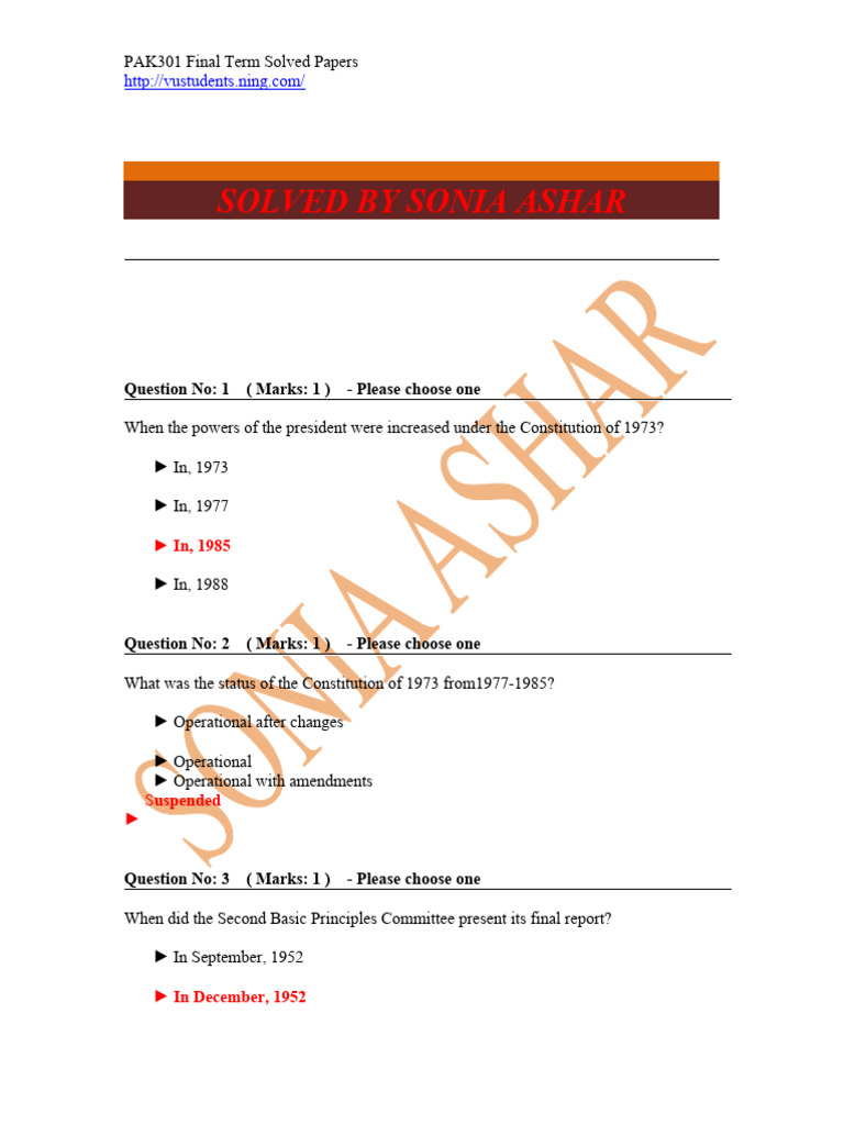 PAK301 Final Term Exam Solutions | PDF | Organisation Of Islamic ...