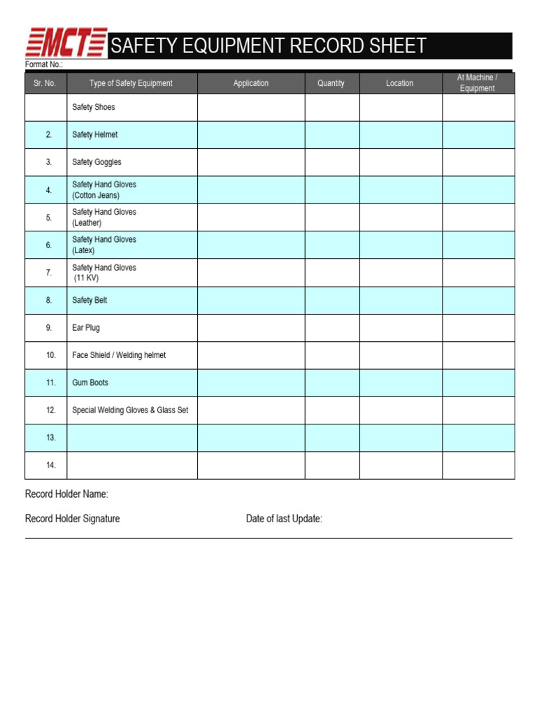 Safetyequipment Recordsheet | PDF