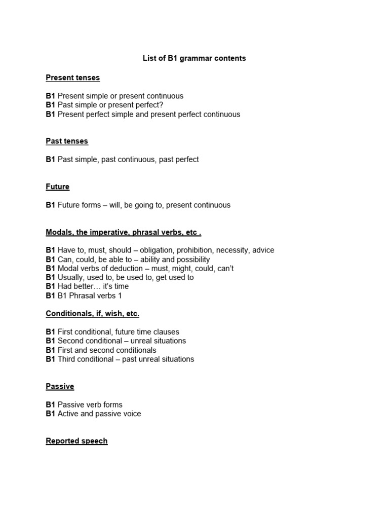 List of B1 Grammar Contents | PDF