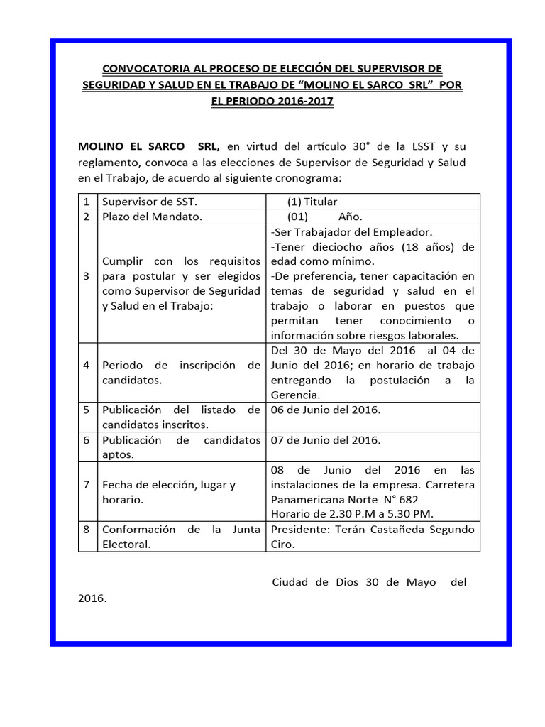 Convocatoria Al Proceso de Eleccion Del Supervisor de Seguridad y Salud ... Convocatoria Al Proceso de Eleccion Del Supervisor de Seguridad y Salud ...