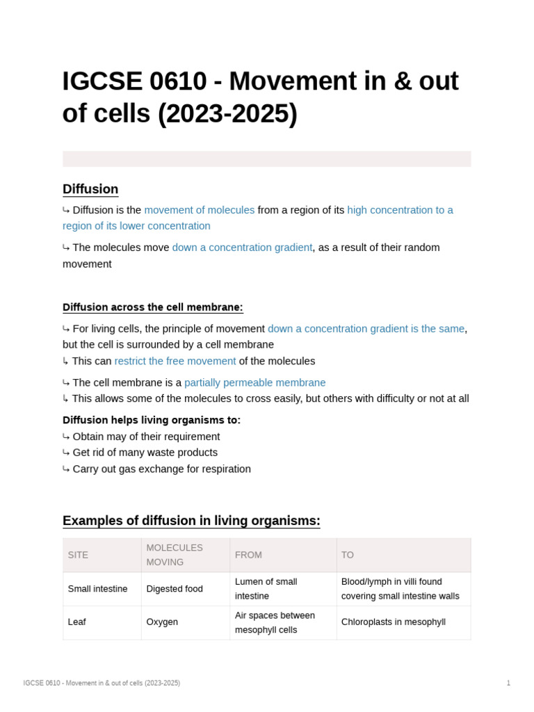 IGCSE 0610 - Movement in & Out of Cells | PDF | Osmosis | Diffusion