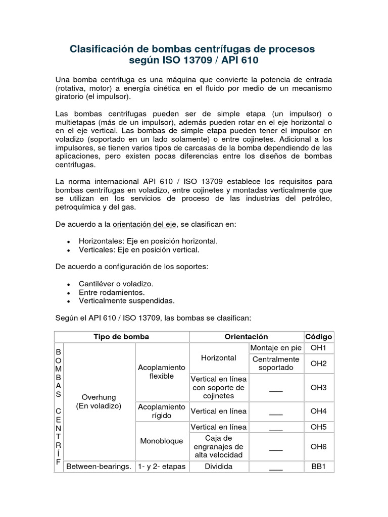 Clasificacion de La Bombas Api 610 Iso13709 | PDF | Eje | Rodamiento (Mecánico)