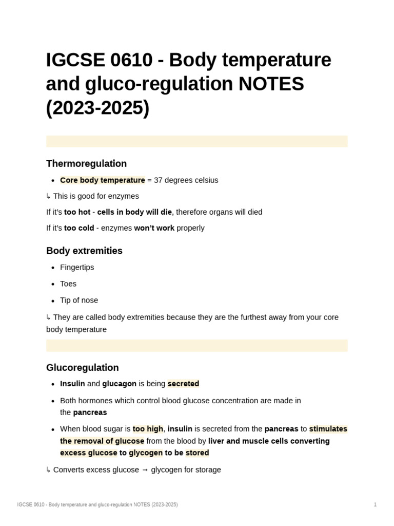 IGCSE Thermoregulation & Glucoregulation Notes | PDF | Glycogen | Skin