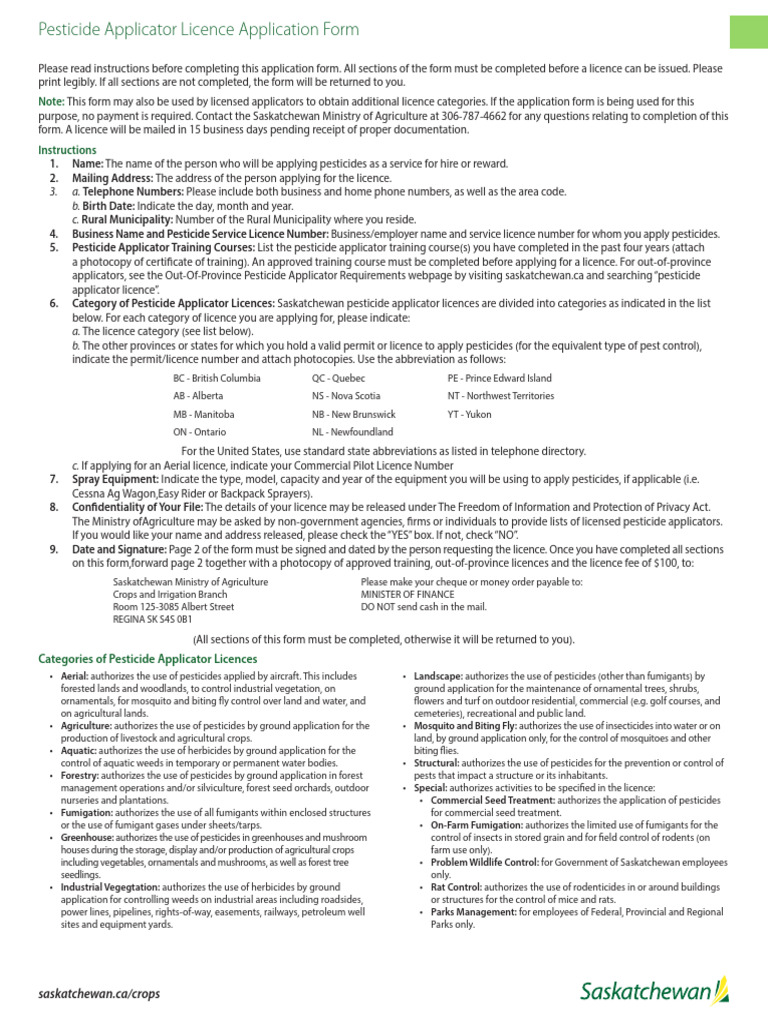 Saskatchewan Pesticide Applicator License | PDF | Pest Control | Pesticide