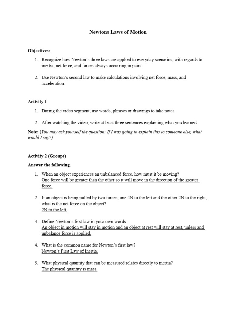 Newtons Laws of Motion - Activity Sheet | PDF | Science & Mathematics