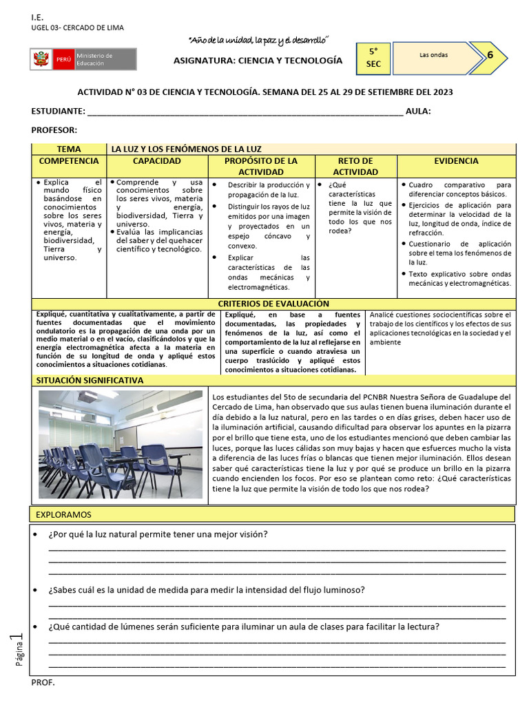 (PDF) 5° SEC. EDA 6 SEMANA 3 CYT Explica 2023 La Luz y Los Fenómenos de La Luz | PDF | Ligero ...