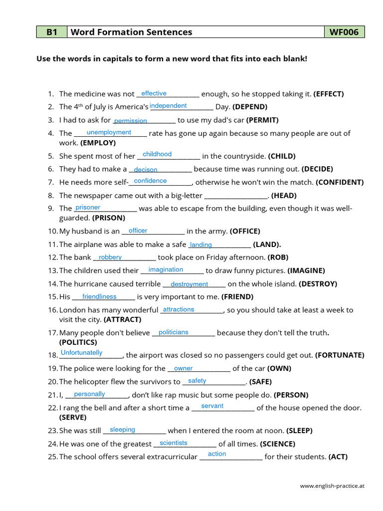 wf006 Word Formation Sentences 1 2 - Organized | PDF