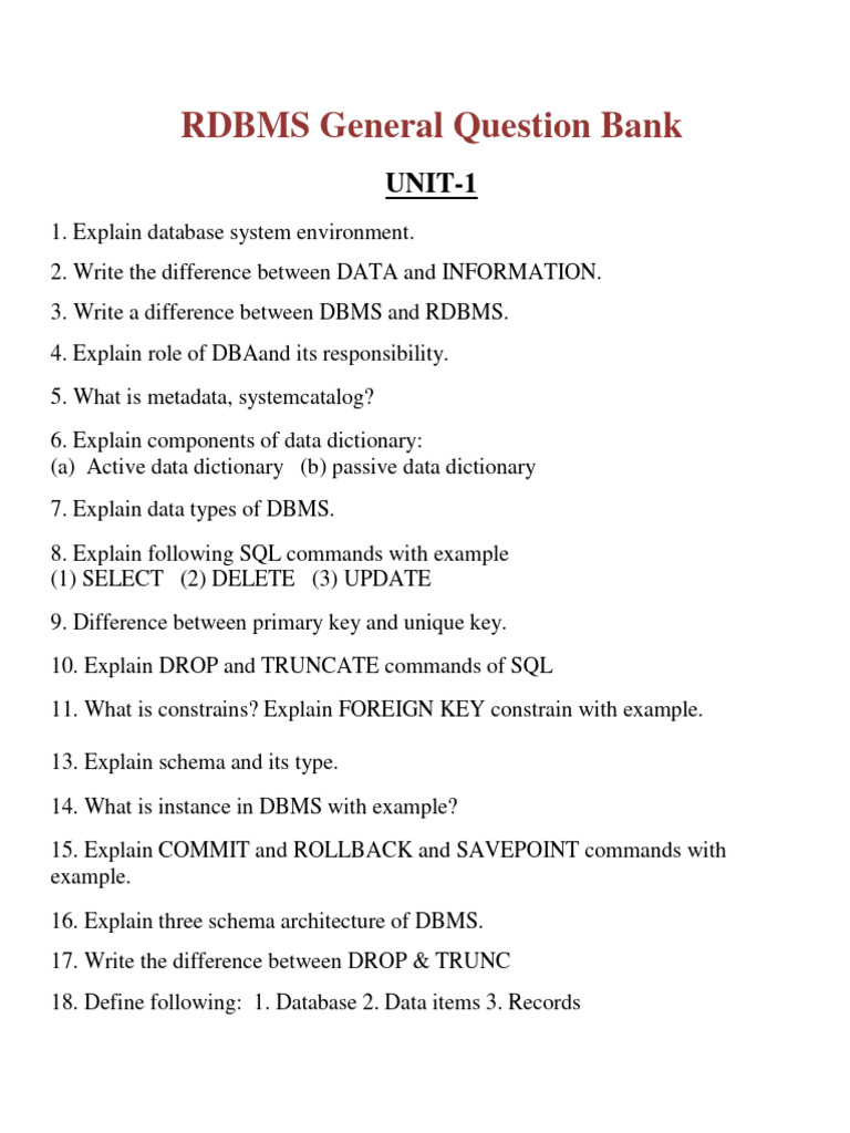 RDBMS General Question Bank | PDF | Pl/Sql | Sql