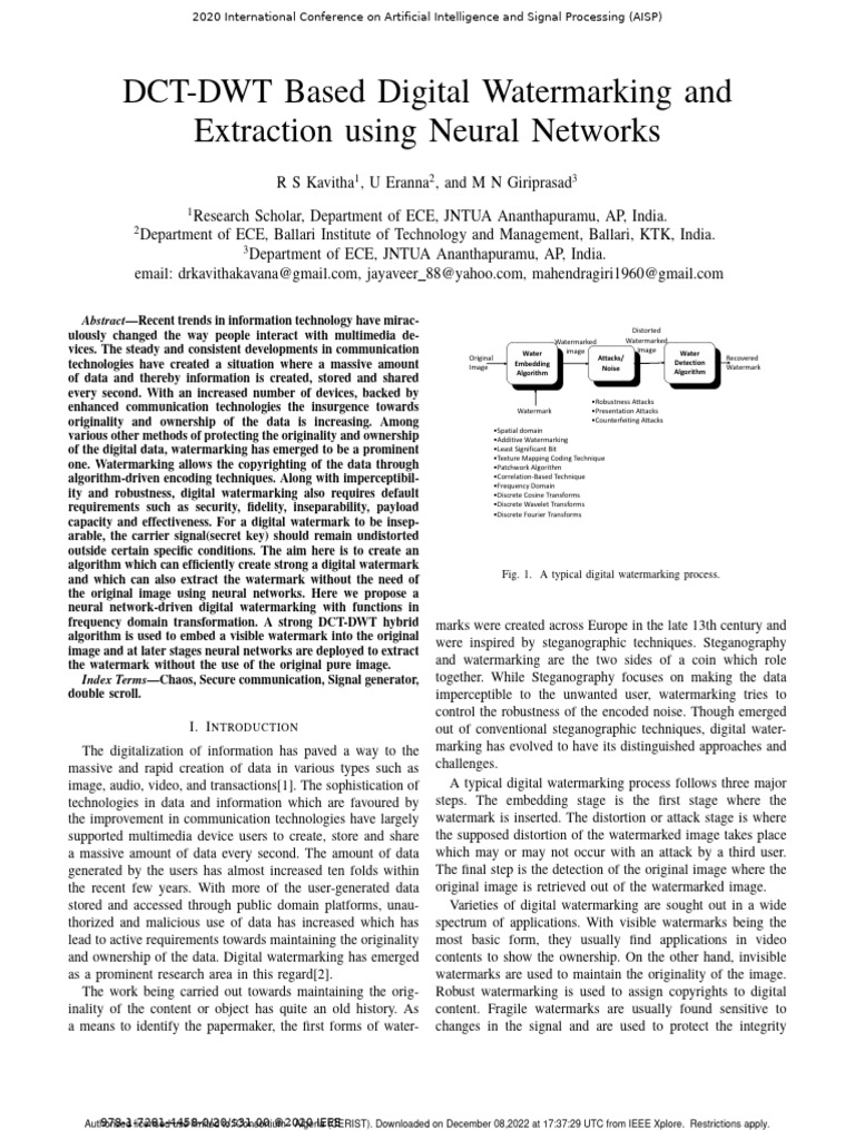 DCT-DWT Based Digital Watermarking and Extraction Using Neural Networks | PDF | Wavelet | Data ...