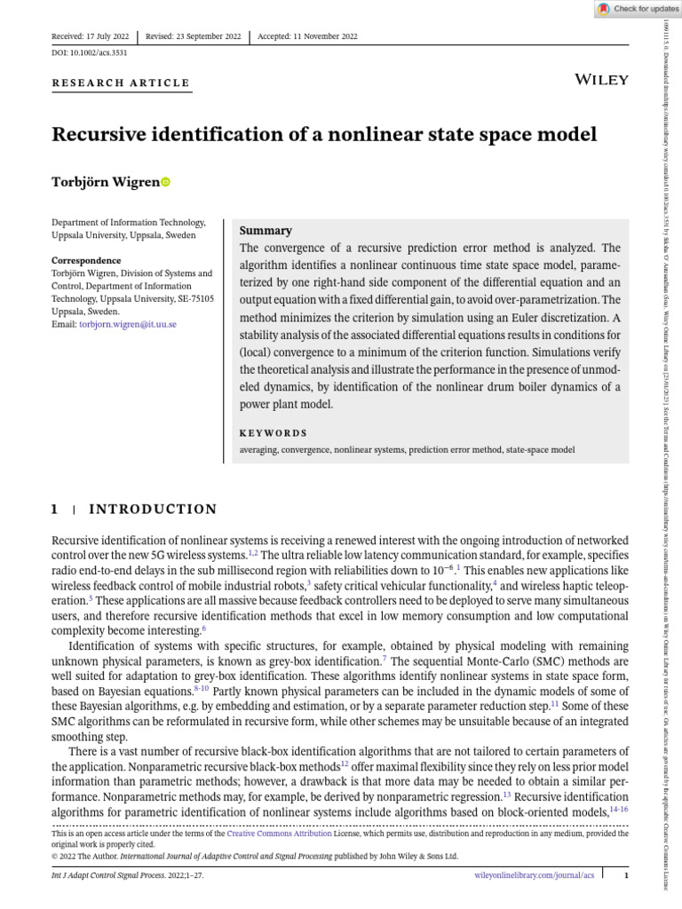 Adaptive Control Signal - 2022 - Wigren - Recursive Identification of A Nonlinear State Space ...