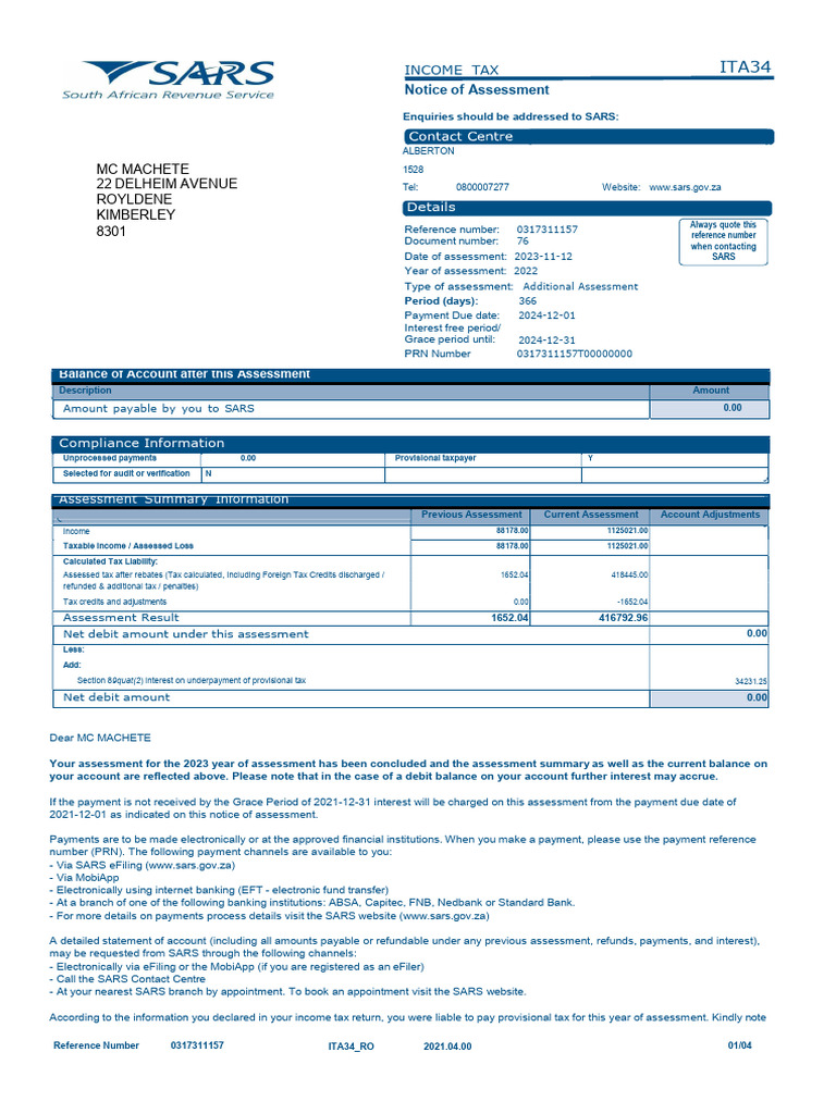SARS ITA34 Assessment Summary 2023 | PDF | Government | Services ...