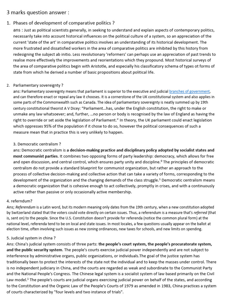 3 Marks Question Answer | PDF | Government | Political Science