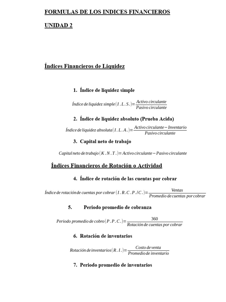 Formulas de Los Indices Financieros | PDF | Apalancamiento (Finanzas ...