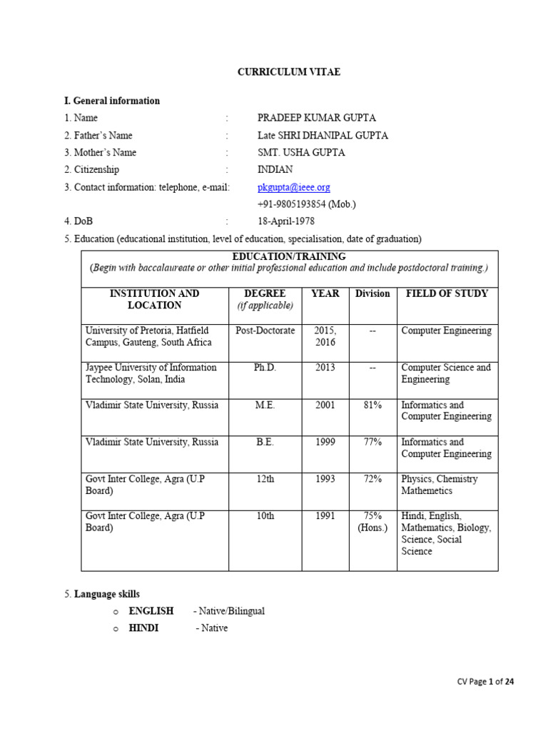Curriculum Vitae I. General Information: (If Applicable) | Download Free PDF | Machine Learning ...
