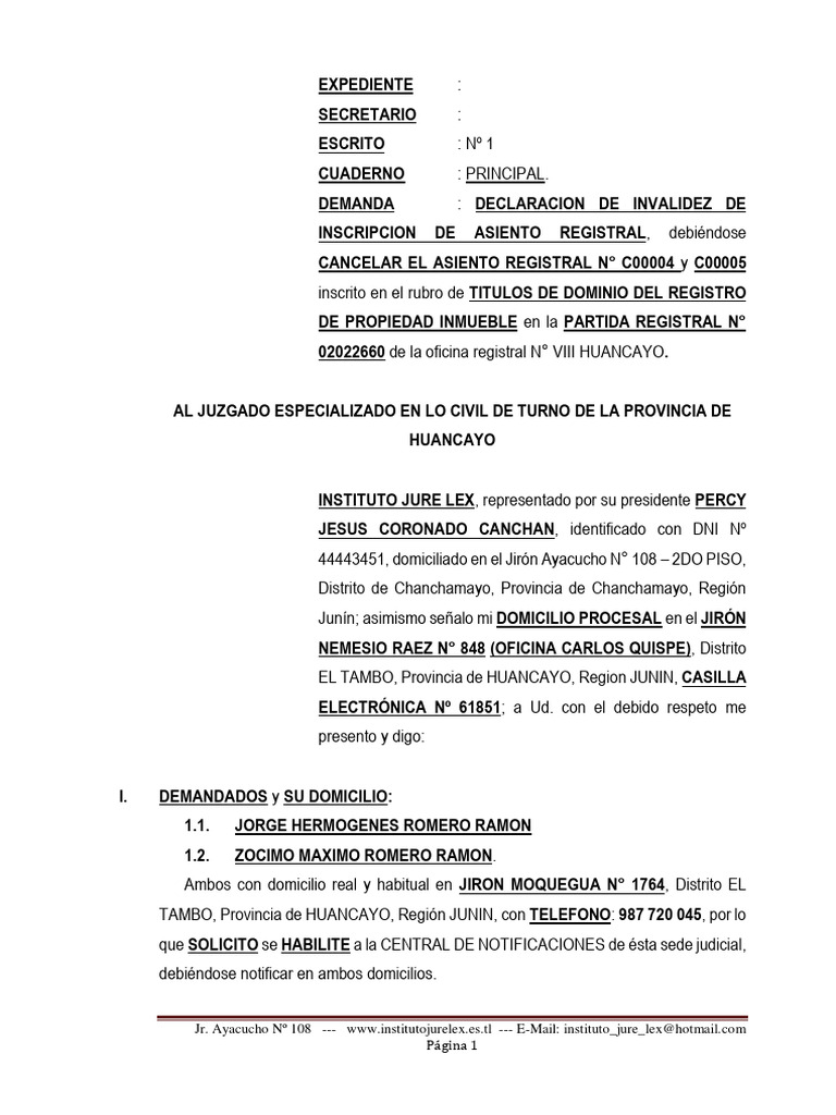 Demanda de Cancelacion - Mario Mirco Miranda Vega | PDF | Propiedad ...