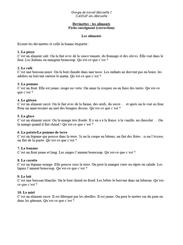 Devinettes Aliments | PDF | Légumes | Pomme