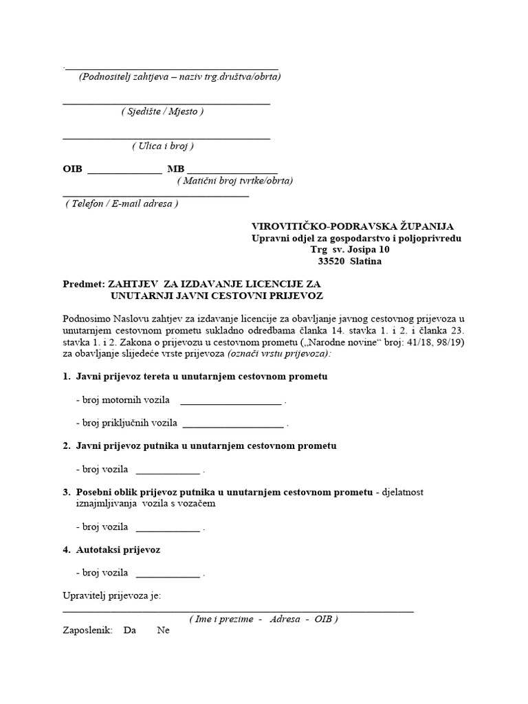 Zahtjev Za Izdavanje Licencije Za Unutarnji Cestovni Prijevoz | PDF
